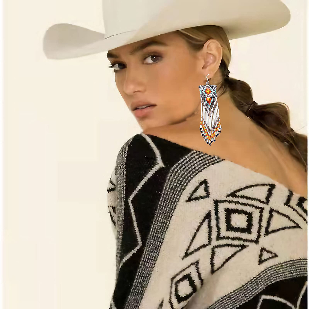 Long Beaded Tassel Earrings – Big Aztec Fringe Bead Drop Dangle Earrings, Bohemian Seed Tube Bead Tribal Earrings Statement, Pendientes De Borla, Idea for Women, Sister, Lover, Outfit, Daily Wearing (Colorful Aztec Earrings)