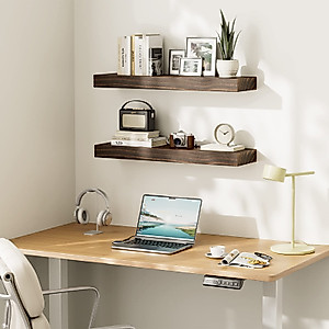 Amada HOMEFURNISHING Floating Shelves, 24 Inch Solid Pine Wall Shelves with Enhanced One-Piece Bracket for Living Room, Bathroom, Bedroom, Kitchen, Office Storage & Organization, Set of 2, Walnut