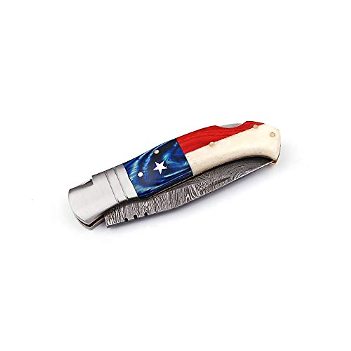 SharpEdge 8.25" Texas Flag Custom Handmade Damascus Steel Blade Pattern Welded Camping and Hunting Pocket Folding Survival Knife with a Genuine Leather Sheath | SW-716 |