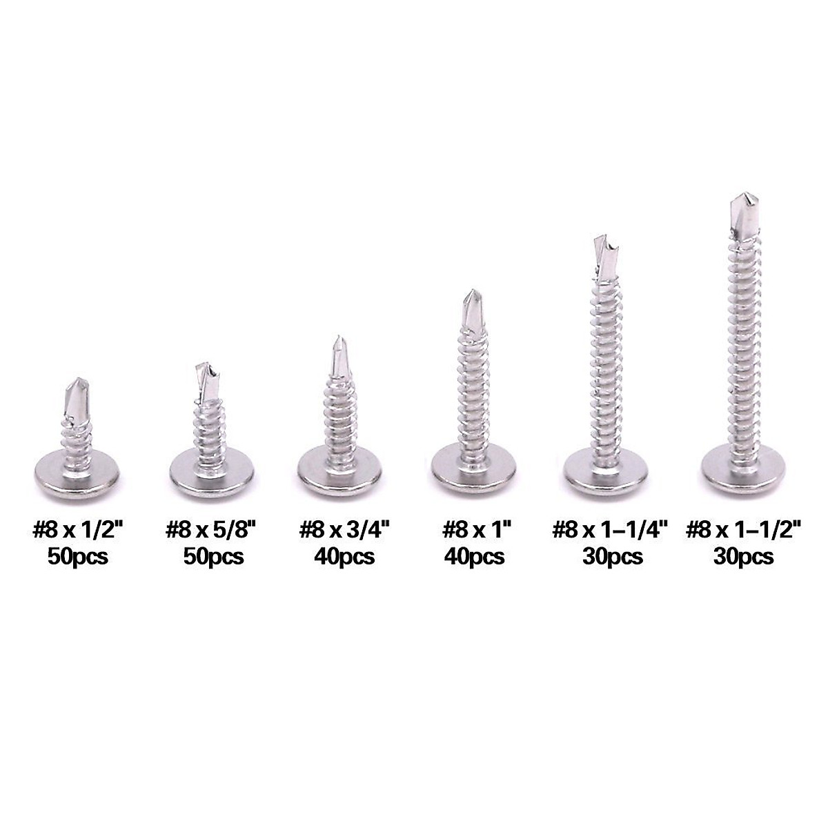 Hilitchi 410 Stainless Steel Wafer Head Phillips Self Drilling Screws Sheet Metal Tek Screws Assortment Kit, Modified Truss Head Self Driller - Size: #8 x 1/2" ~ #8 x 1-1/2" (Pack of 240)