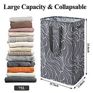 1-Pack Large Laundry Basket, 75L Collapsible Laundry Hamper with Long Handles, Waterproof Freestanding Clothes Hamper Laundry Bin for Bedroom, Bathroom, Dorm, Toys Organizer -Grey Waves