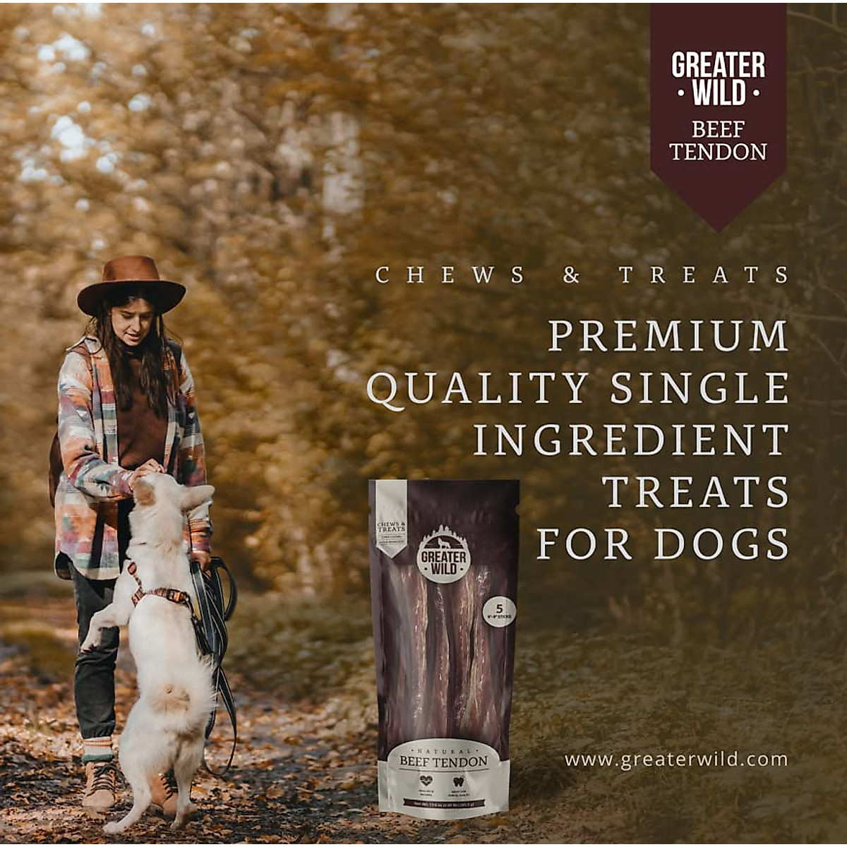GREATER WILD All Natural Ingredient 9"-12" Assorted Beef Tendon Size, Chews & Treats for Dogs - 5 Piece
