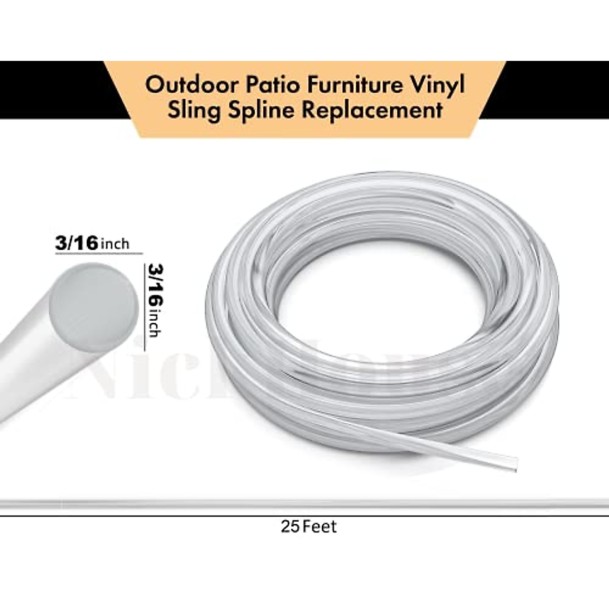 NickHouse 25' Vinyl 3/16" Outdoor Patio Sling Spline Replacement Awning Cord for Sling Chair Spline.180