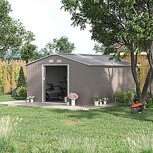 Outsunny 11' x 13' Outdoor Storage Shed, Garden Tool Metal Shed with Foundation Kit, Double Lockable Door, Air Vents and Sloping Roof, for Backyard, Patio, Lawn, Light Gray