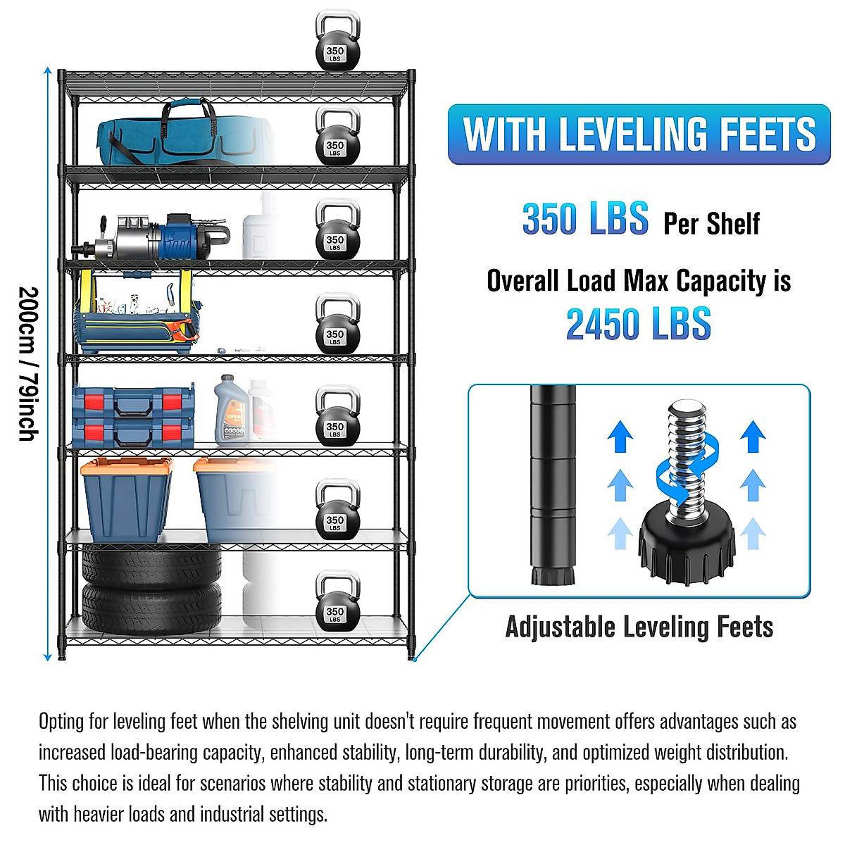 Black NSF 7 Tier Metal Shelf Wire Shelving Unit, 2450lbs Heavy Duty Adjustable Storage Rack with Wheels & Shelf Liners for Closet Kitchen Garage Basement Commercial Shelving - 82" H x 48" L x 18" D