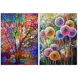 2-Piece Diamond Painting Kits for Adults and Kids，Tree of Life and Dandelion Painting Colorful Artwork for Beginner Perfect for Home Wall Deco Diamond Dotz 12"x16"
