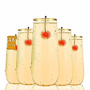 ROIMEE VONT 48 Pack Plastic Champagne Flutes Disposable 9 Oz Stemless Clear Plastic Champagne Glasses Plastic Mimosa Glasses with Gold Rim Unbreakable for Party Wedding Birthday (Heavy Duty)