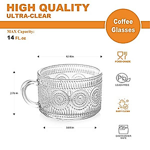 LUXU Vintage Glass Coffee Mugs 14oz Set of 4 Clear Glass Tea Cups,Stackable Glass Coffee Cups,Cute Coffee Bar Accessories,Iced Coffee Glasses,Clear Embossed Glass Cups for Cappuccino,Latte,Beverages