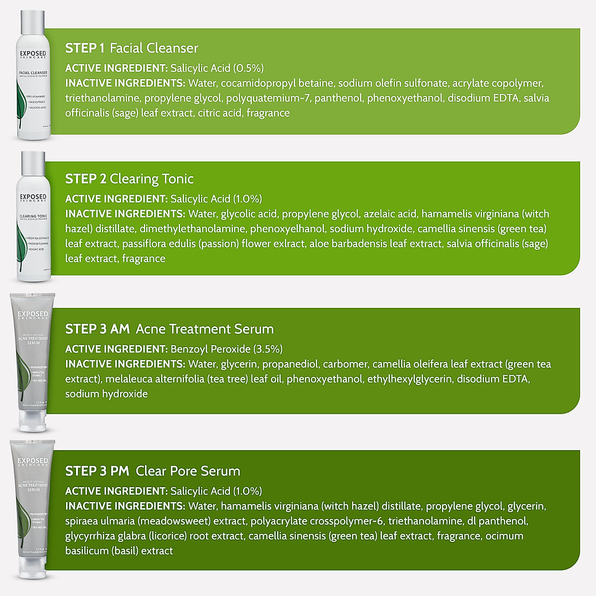 Exposed Skin Care Basic Acne Treatment Kit - Includes Salicylic Acid Face Wash, Clearing Tonic, Acne Treatment Serum with Benzoyl Peroxide, Clear Pore Serum - Acne Set Solution for All Skin Types