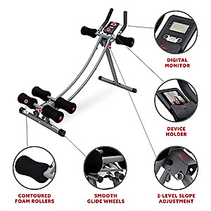 Sunny Health & Fitness Adjustable Waist Trainer Ab Roller with Elbow Support, Foldable Core Glider with Smooth Glide Wheels for Home Fitness, Crunches, and Glute Strengthening - SF-A022005