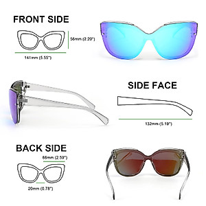FEISEDY Cat Eye Sunglasses Polarized for Women Men，Rimless Mirrored Sunglasses, Oversized, Trendy Retro Sun Glasses B2796 Transparent Grey/Blue Mirror