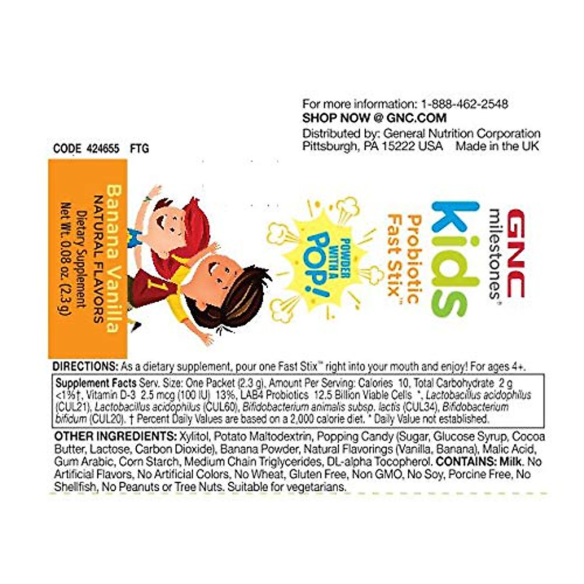 GNC Milestones Kids Probiotic Fast Stix for Kids 4-12 - Banana Vanilla, 30 Packets, Supports Digestive Health with 12.5 Billion CFUs