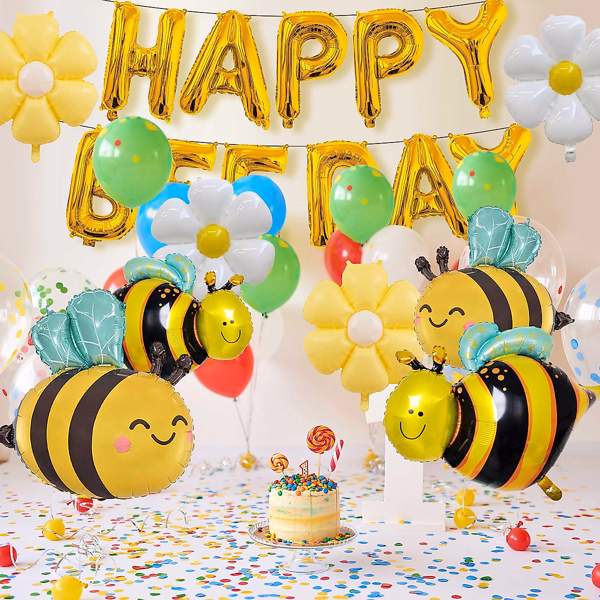 Bee Themed Birthday Party Decorations, Happy Bee Day Balloons Banner, Yellow Bee Foil Balloons Daisy Mylar Foil Balloons for Boys Girls Baby Shower Bee Theme Birthday Supplies