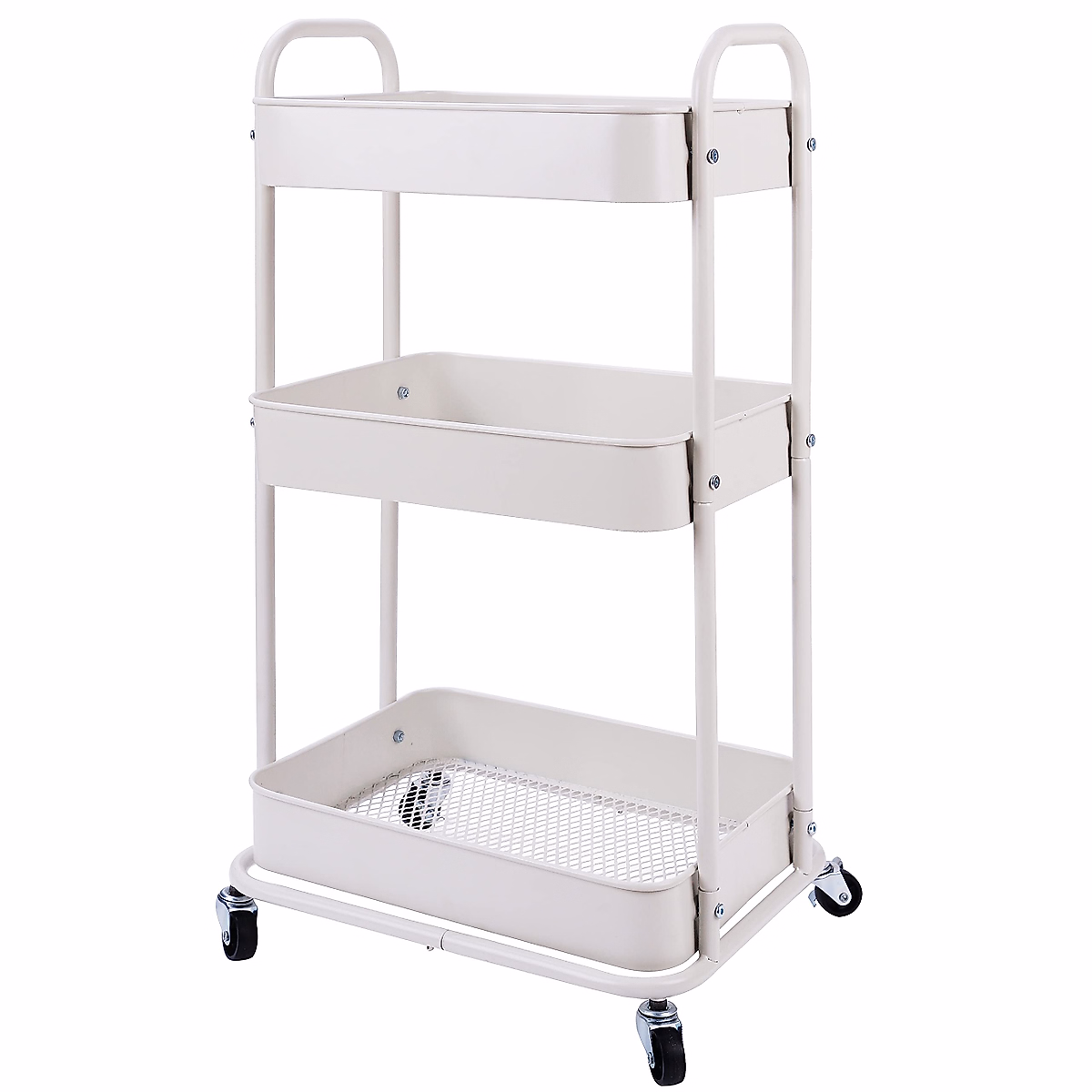 YOHKOH 3-Tier Metal Rolling Utility Cart, Storage Trolley Cart with Mesh Baskets and Lockable Wheels for Bathroom Kitchen Office(White)