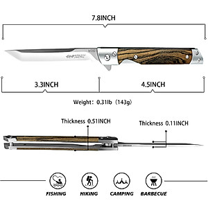 ohmonlyhoo Pocket Knife for Men, 3.5 inch Folding Knife with Wooden Handle and Leather Sheath, Edc ​Tanto Knife for Men and Women