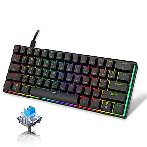 60% Mechanical Gaming Keyboard Wired 60 Percent Keyboard with LED RGB Rainbow Backlit Blue Switch for Windows PC Gaming (61 Keys, Black)