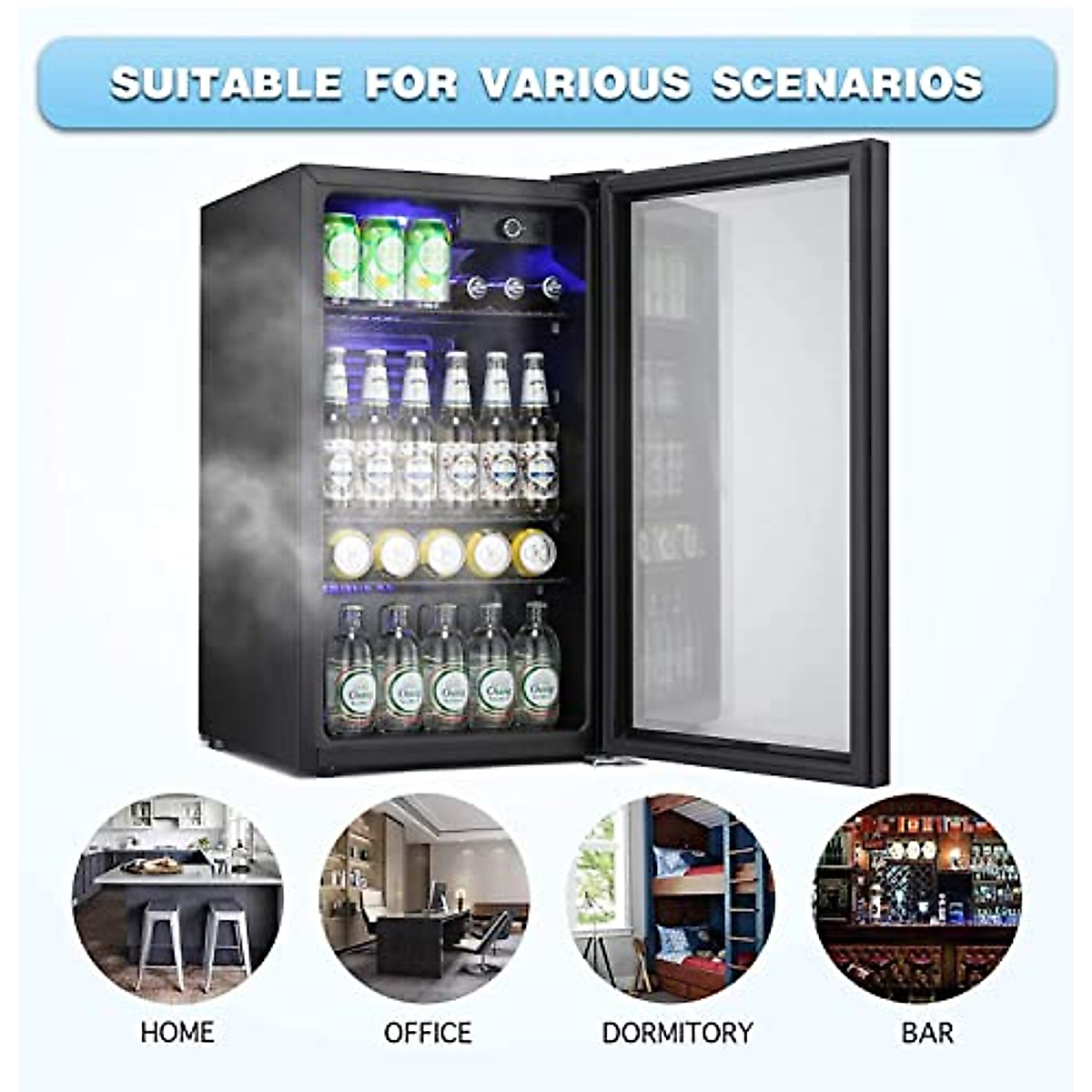 Antarctic Star Beverage Refrigerator -100 Can Mini Fridge for Soda Beer or Wine,Small Drink Dispenser, For Office or Bar with Adjustable Removable Shelves，Convertible Door ，3.2 Cu. Ft.…