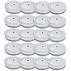 Luckkyme Mason Jar Lids, 20 Pieces Bottle Cap with Straw Hole/Silicone Rings Compatible with Mason Jar