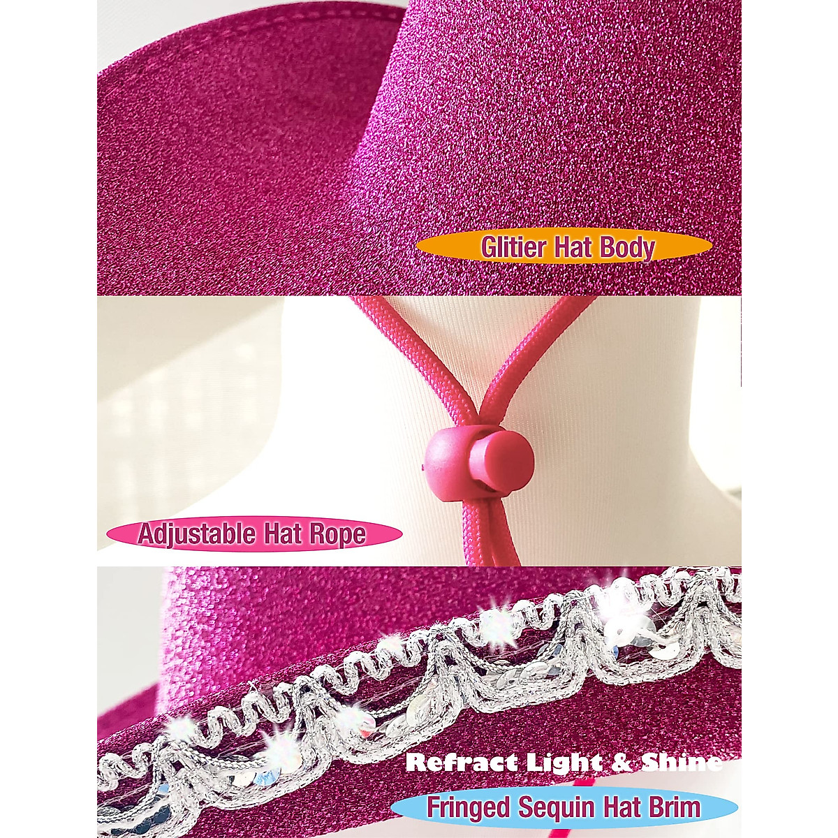 JICASTO Cowboy Hat Pink Cowgirl Hat with Sequins & Tiara Crown for women Rodeo Party Hats with Heart Glasses (Glitter Fringed Hot Pink)