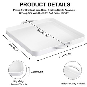 HSDT Square Serving Trays with Handles Melamine White 12.5x12.5 Inch Spill Proof Kitchen Eating Trays Set of 2 for Cafeteria Cafe Food Appeizer Dessert Snack Dinner Lunch Breakfast,TR14-02