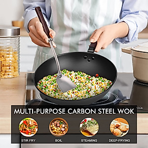 Carbon Steel Wok Pan - 12.9" Wok Pan with Lid, Woks & Stir-fry Pans Nonstick with Spatula & Brush, Chinese Wok Flat Bottom Wok for Induction, Electric, Gas, All Stoves