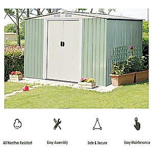 Goplus® Galvanized Steel Outdoor Storage Shed 8.5X 8.5Ft Heavy Duty Tool House W/Sliding Door for Garden Lawn(Light Green)