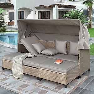 VilroCaz UV-Resistant Resin Wicker Patio Sectional Sofa Set with Retractable Canopy, All-Weather Outdoor PE Wicker Sunbed Daybed with Cushions and Lifting Table for Lawn Garden Backyard Poolside
