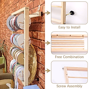 Kelendle 4 Tier Wall Mounted Wooden Ribbon Organizer Rack Wood Lace Dispenser Rolls Curling Spool Storage Container Embroidery Thread Holder Stand