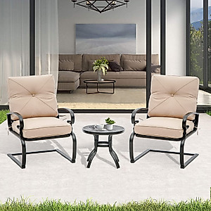 Oakcloud Outdoor Bistro Set 3-Piece Spring Metal Lounge Cushioned Chairs and Bistro Table Set Wrought Iron Cafe Furniture Seat, Brown