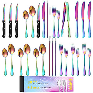 DSNN 48 Pieces Iridescent Flatware Set with Silverware Organizer, Nice Design Cutlery Service for 8, Stainless Steel Kitchen Utensil