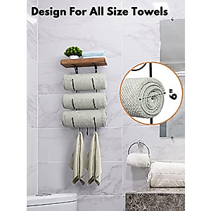 Towel Rack Wall Mounted for Bathroom, IRIIJANE Metal Bath Towel Holder Storage Hand Towels w/Wood Shelf and 3 Hooks for Small Bathroom Organizer Decor or RV Camper, Black