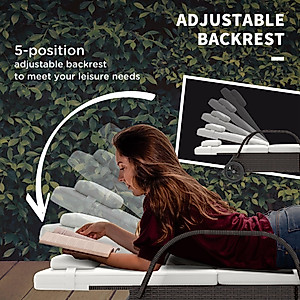 Outsunny Wicker Outdoor Chaise Lounge Set of 2, 5-Level Adjustable Backrest PE Rattan Pool Lounge Chair with Wheels, Cushion & Headrest, Brown and Cream White