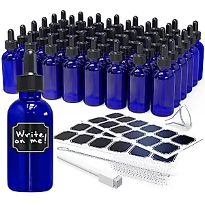 Nevlers 48 Pack Blue Glass Dropper Bottles 2 oz | Cobalt Tincture Bottles with Droppers for Oils | Includes Blue Glass Bottle with Dropper, Funnel, Brush, & Marker | Leakproof Mini Dropper Bottles