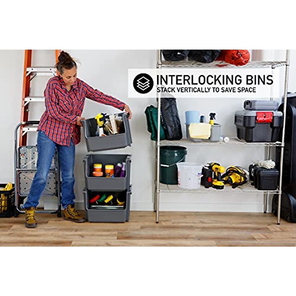 Mighty Tuff Large Stackable Storage Bins, Pack of 3, Easy-Access Storage, Large Easy-To-Grip Handles, Wide Front Opening, Interlocking, Stack Vertically, Cool Grey