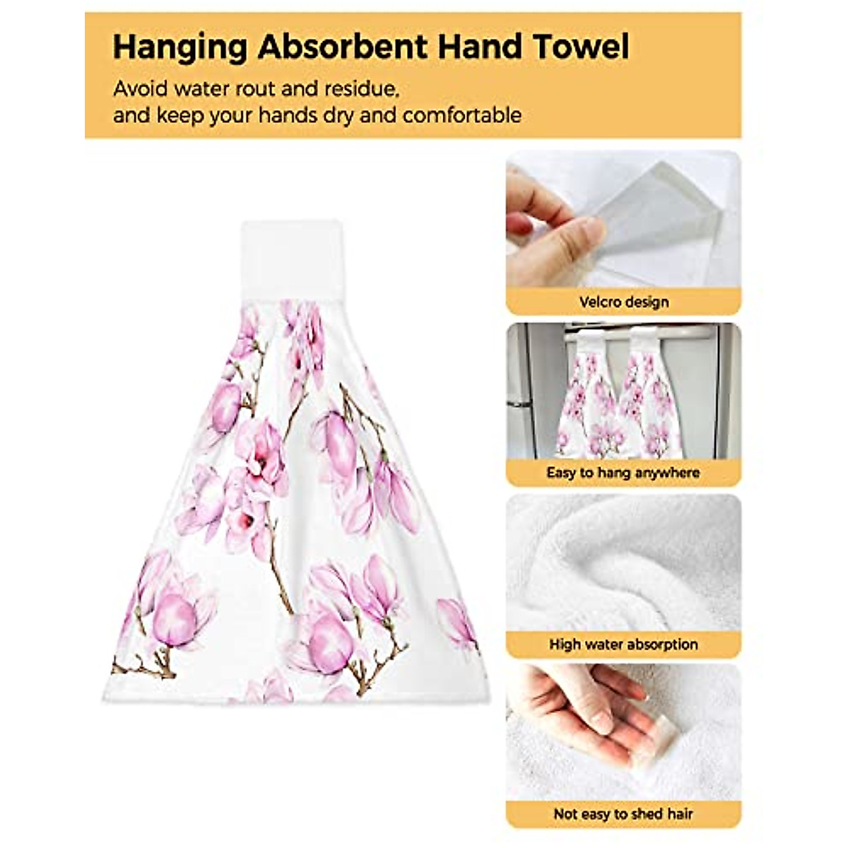 2 PCS Kitchen Hand Towels, Pink Blooming Floral Cluster Petals Branches Soft Plush Hanging Tie Towels with Loop for Kitchen Bathroom Dish Cloth Tea Bar Towel Oil Painting Orchid