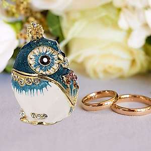 VOSAREA Owl Trinket Box Hand Painted Metal Hinged Jewelry Box Enameled Crystals Rings Earrings Necklace Storage Container Animal Figurine Collectible for Home Decor Blue
