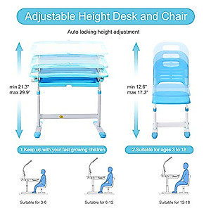 Kids Desk and Chair Set Height Adjustable Children Study Table, Anti-Reflective Ergonomic Design Home School Multi-Usage Student Writing Desk, Tilt Desktop with Reading Board and Pull Out Drawer, Blue