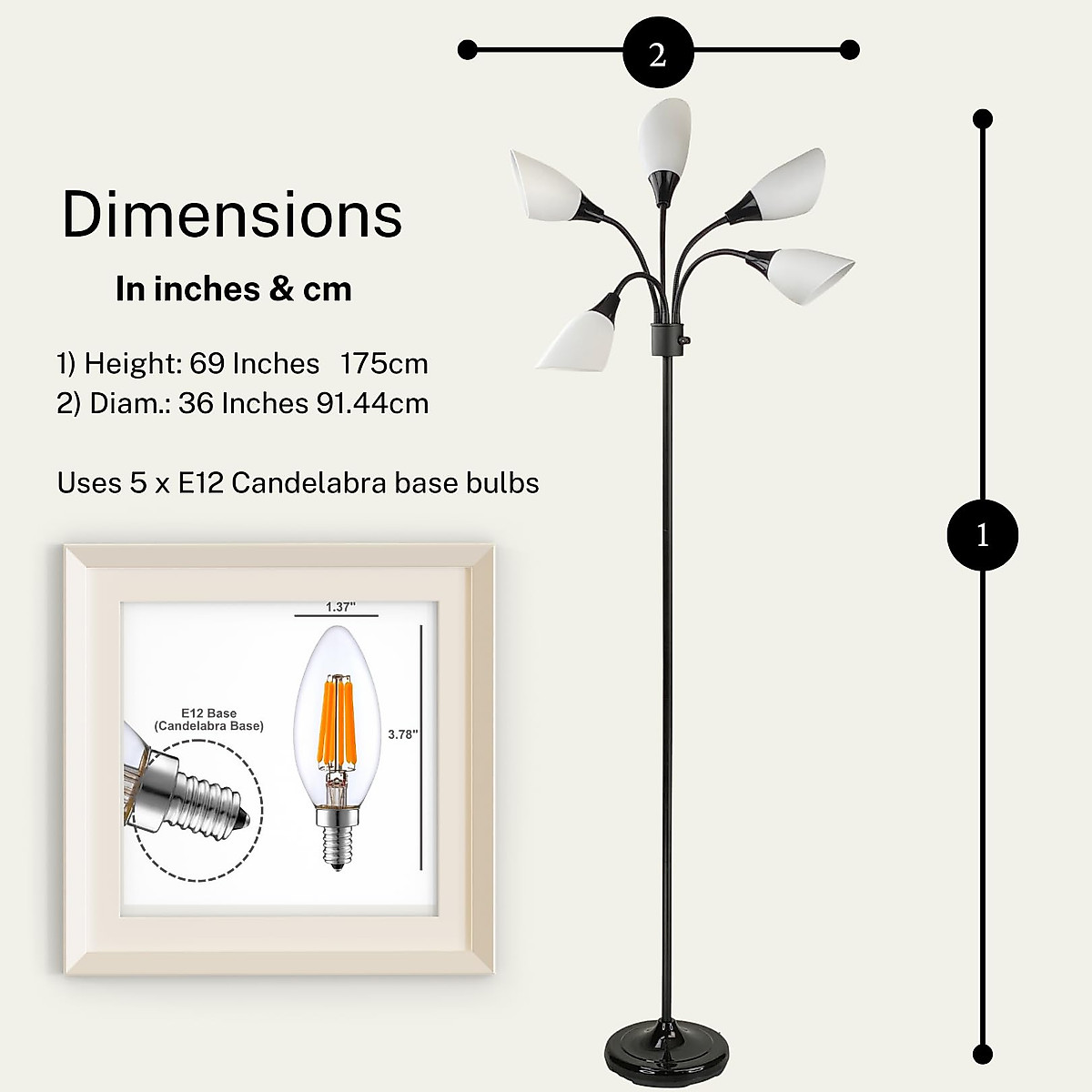 LIGHTACCENTS Modern Multi Head Floor Lamp - Medusa 5 Light Standing Lamp Tall Bedroom Lamp with 5 Positionable Bright Acrylic White Shades with 3-Light Mode Switch(Silver)