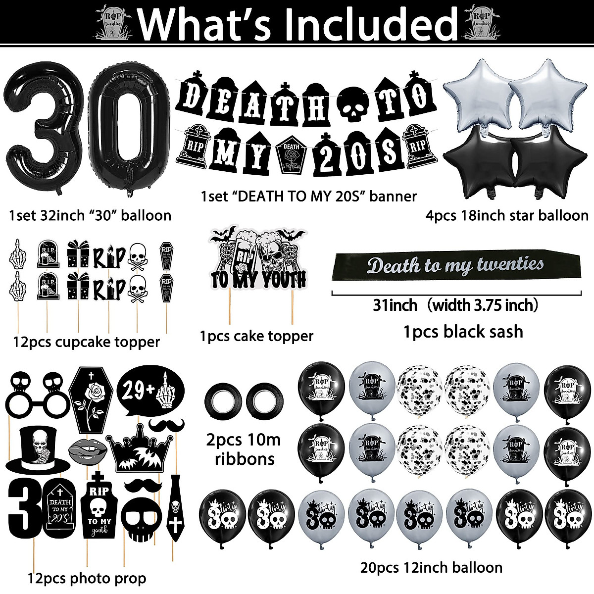 Death to My 20s Decoration, Black 30th Birthday Decoration, Funeral For My Youth Party Supplies with Banner, Rip to My 20s Sash, Photo Prop, 30th Balloon, Cake Topper, Funny Thirty Birthday Supplies