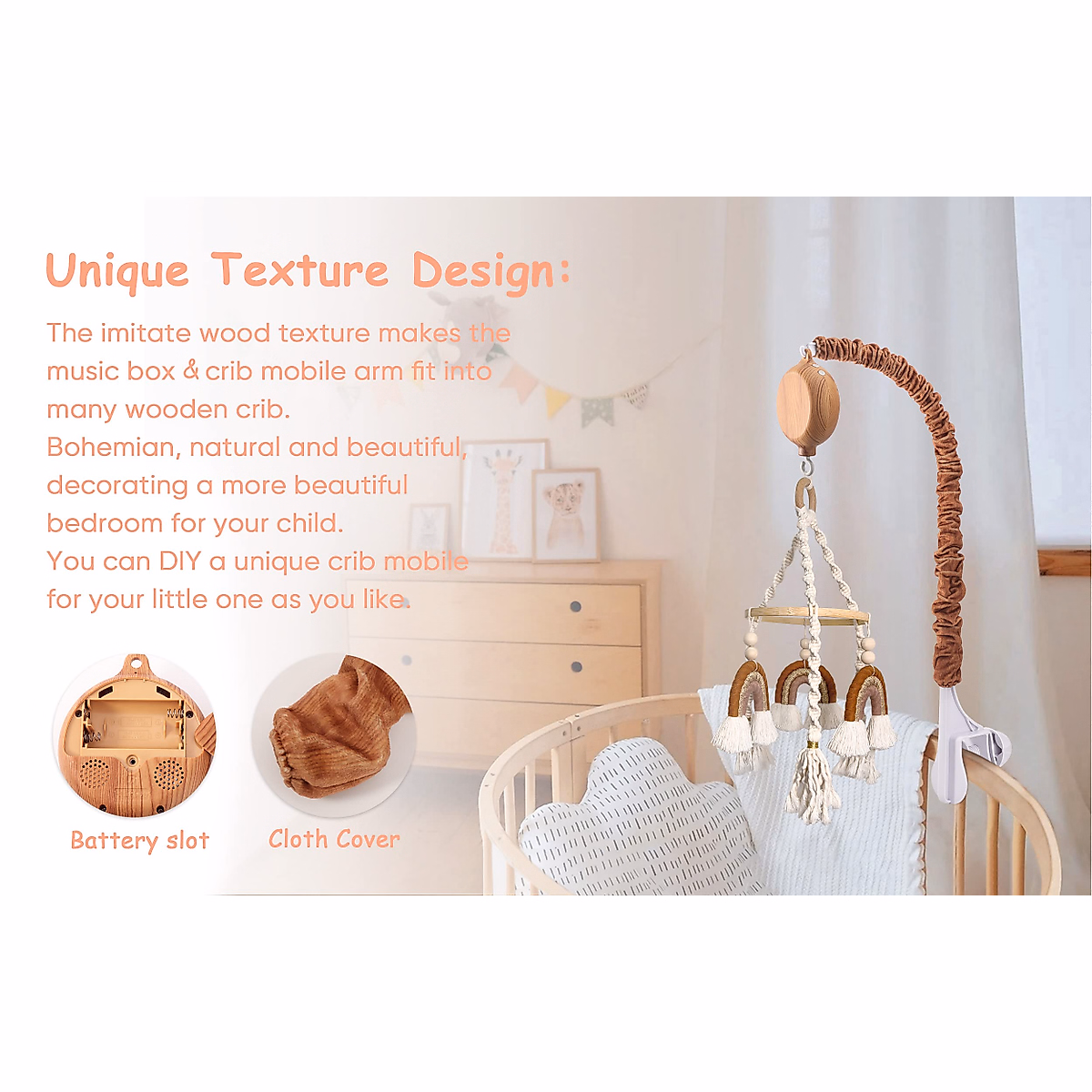 Crib Mobile Arm with Music Box - Imitation Wood - 23 Inch Mobile Arm for Crib - Crib Mobile Motor Battery Operated - Volume Control - 35 Lullabies - Crib Toys Attachments - Holder for DIY Clamp Mobile