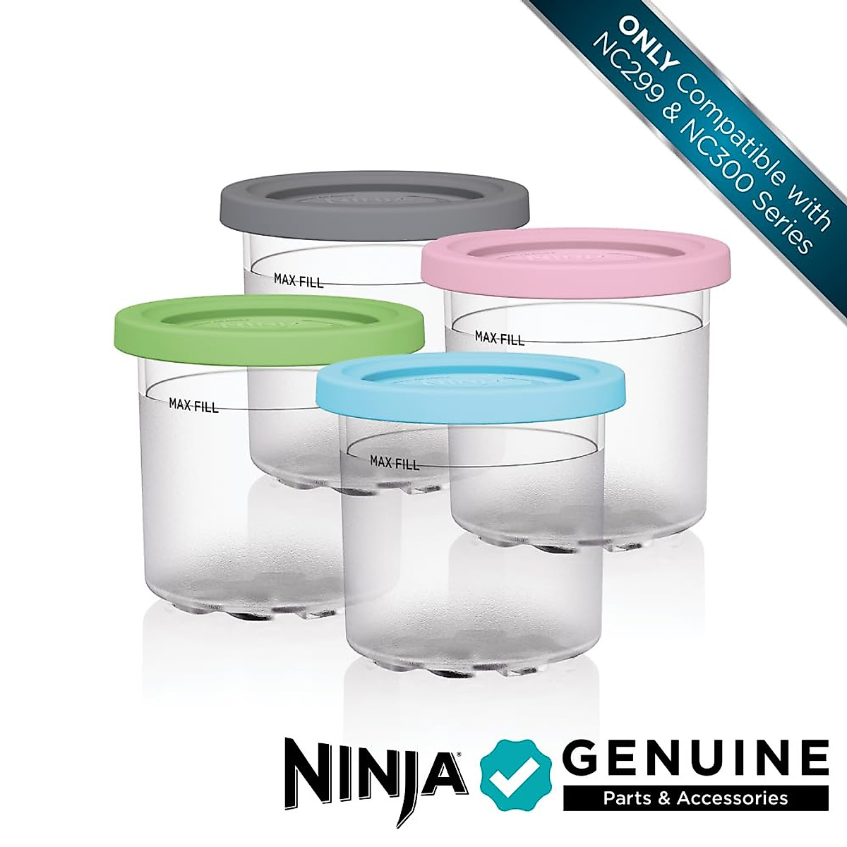 Ninja XSKPLD4BCD Pints 4 Pack, Compatible with NC299AMZ & NC300s Series Creami Ice Cream Makers, BPA-Free & Dishwasher Safe, Color Lids, 1, Clear/Grey/Lime/Pink/Acqua