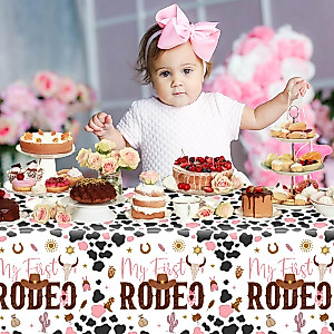 3Pcs My First Rodeo Tablecloths-Cowgirl Baby Shower Decorations Pink Cow Print Western Disposable Rectangular Plastic Table Covers First Rodeo Birthday Party Supplies Girl