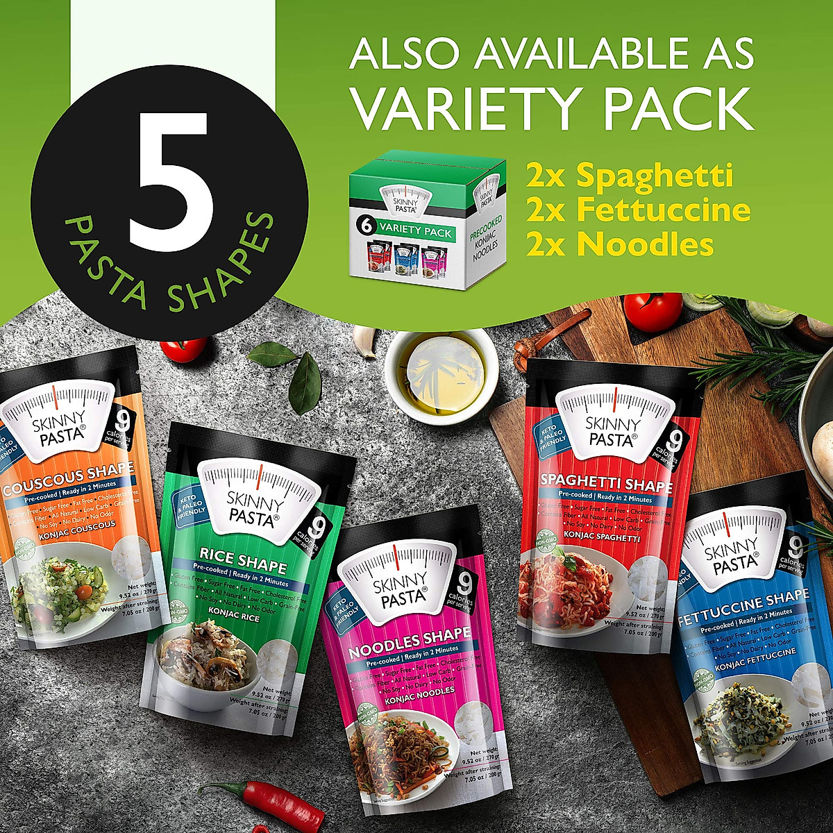 Skinny Pasta 9.52 oz - Shirataki Noodles The Only Odor Free 100% Konjac Noodle - Keto & Paleo Friendly - Carb Free - Low Calorie Food (Noodles shape- 6 Pack)