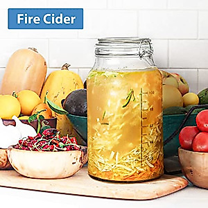 1 Gallon Super Wide Mouth Glass Storage Jars with Airtight Lids and 2 Measurement Marks, Leak Proof Glass Container with Hinged Lids, Large Pickle Jars with Labels and Silicone Gasket, 2 Pack