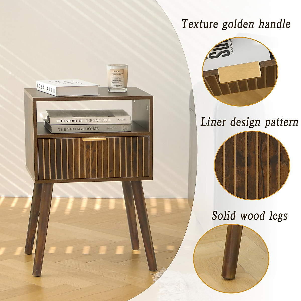 MaxSmeo Small Nightstand with Drawer, Mid Century Modern Bedside Table for Bedroom and Small Spaces, Solid Wood Legs, Easy Assembly, Rustic Brown