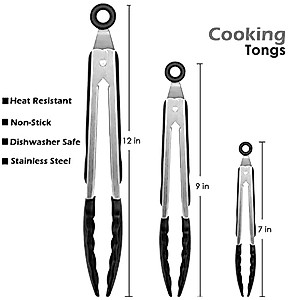 Tongs for Cooking, Kitchen Tongs with Silicone Tips, Stainless Steel Locking Tong for BBQ Grilling, Non-Stick, Heavy Duty, Set of 3: 12+9+7 inches(Black)