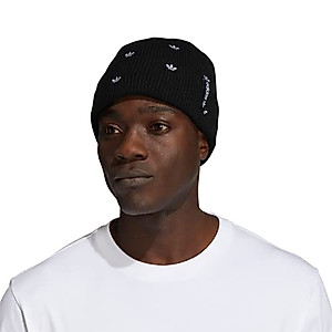 adidas Originals AOP Embroidery Cuff Fold Beanie, Black/Black/White, One Size