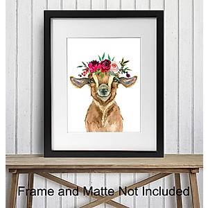 Cute Baby Goat w/Flower Crown Wall Art Home Decor - Decoration for Girls or Boys Bedroom, Nursery, Kids Room, Playroom, Preschool, Daycare - Farmhouse, Farm Theme Gift - Baby Animals Picture Print