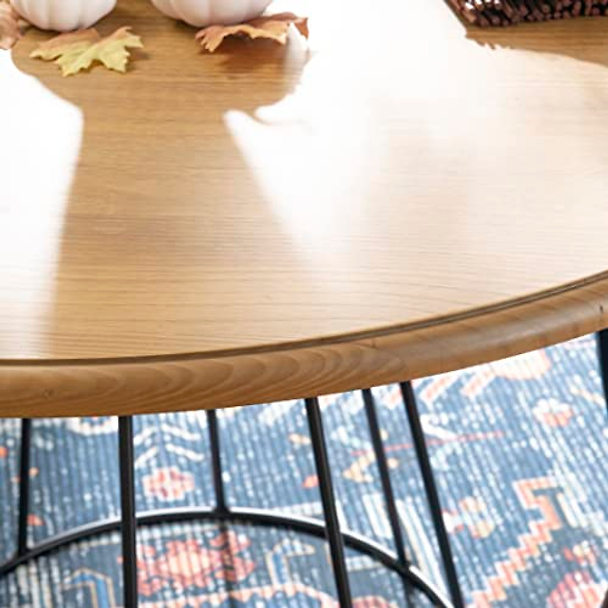 Powell 47.25" Round Wood Top with Modern Metal Base Monika Dining Table, Natural and Black