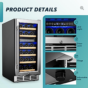 EUHOMY 15 Inch Wine Fridge, Dual Zone Wine Chiller with Digital Temperature Control, Wine Cooler Upgraded Compressor Fits Low Noise, Wine Storage with Double-Layer Glass Door, 33 Bottles.